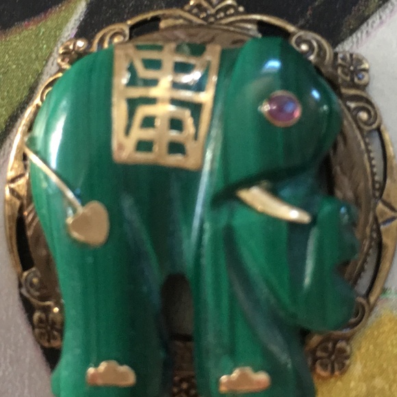 Vintage | Jewelry | Vintage Malachite Ruby Gold Elephant Pendant | Poshmark